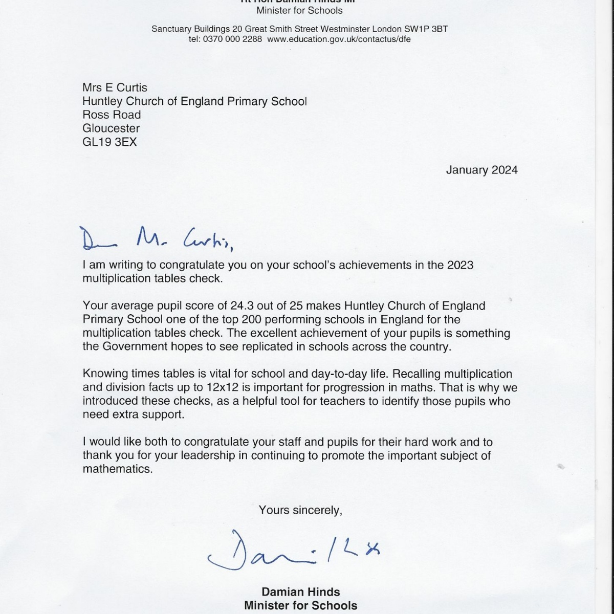 Huntley C of E Primary School - Letter from Damian Hinds, Minister for ...